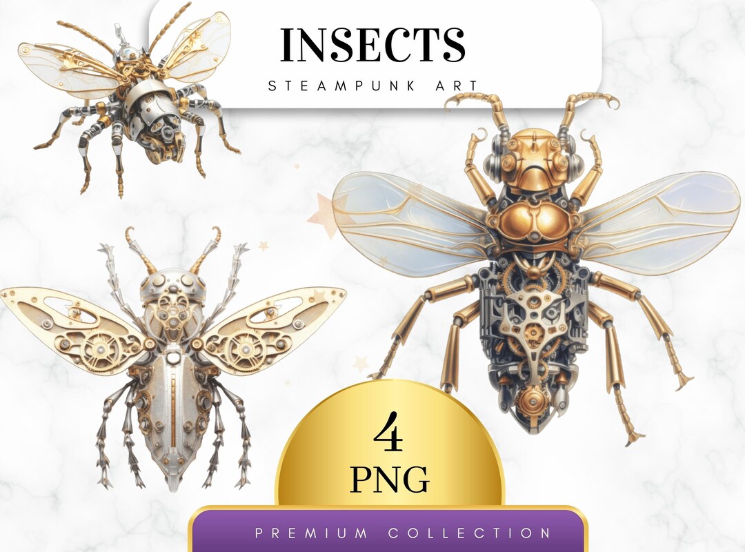 Set of 4, Steampunk Insects Clipart, Watercolor Steampunk Png ...