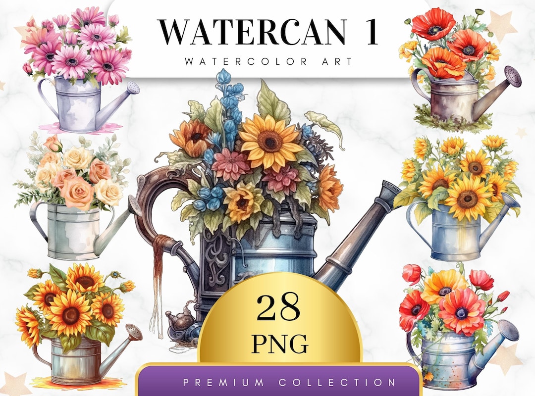 Set of 28, Watering Can Clipart, Watercolor Watering Can, Floral ...