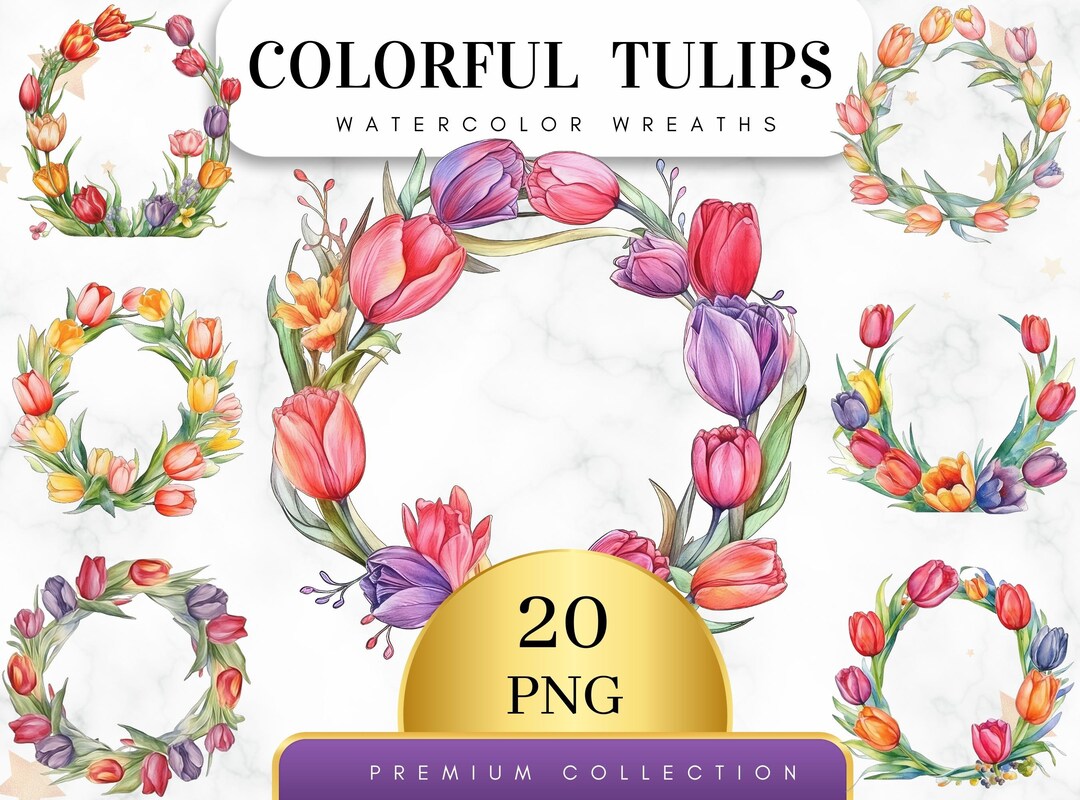 Set of 20, Watercolor Colorful Tulips Wreath, Floral Clipart ...