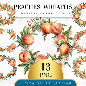 Set of 13, Watercolor Peaches Wreaths Clipart, Peach Clipart, Peach PNG ...