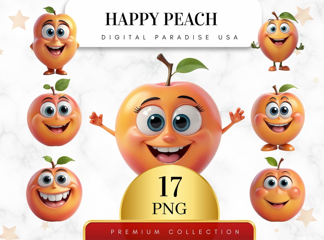 Set of 17, Happy Peach Clipart, Cute Fruit Clipart, Peach PNG, Summer ...
