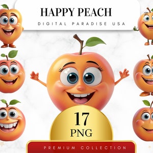Set of 17, Happy Peach Clipart, Cute Fruit Clipart, Peach PNG, Summer ...