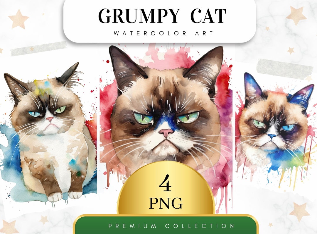 Set of 4, Watercolor Grumpy Cat Clipart, Grumpy Cat Png, Grumpy Cat ...
