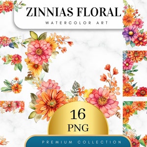 Set of 16, Watercolor Zinnias Clipart, Zinnias Floral PNG, Floral ...