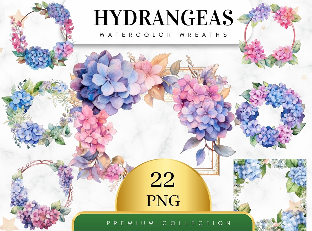 Set of 22, Watercolor Hydrangeas Wreaths, Floral Clipart, Watercolor ...