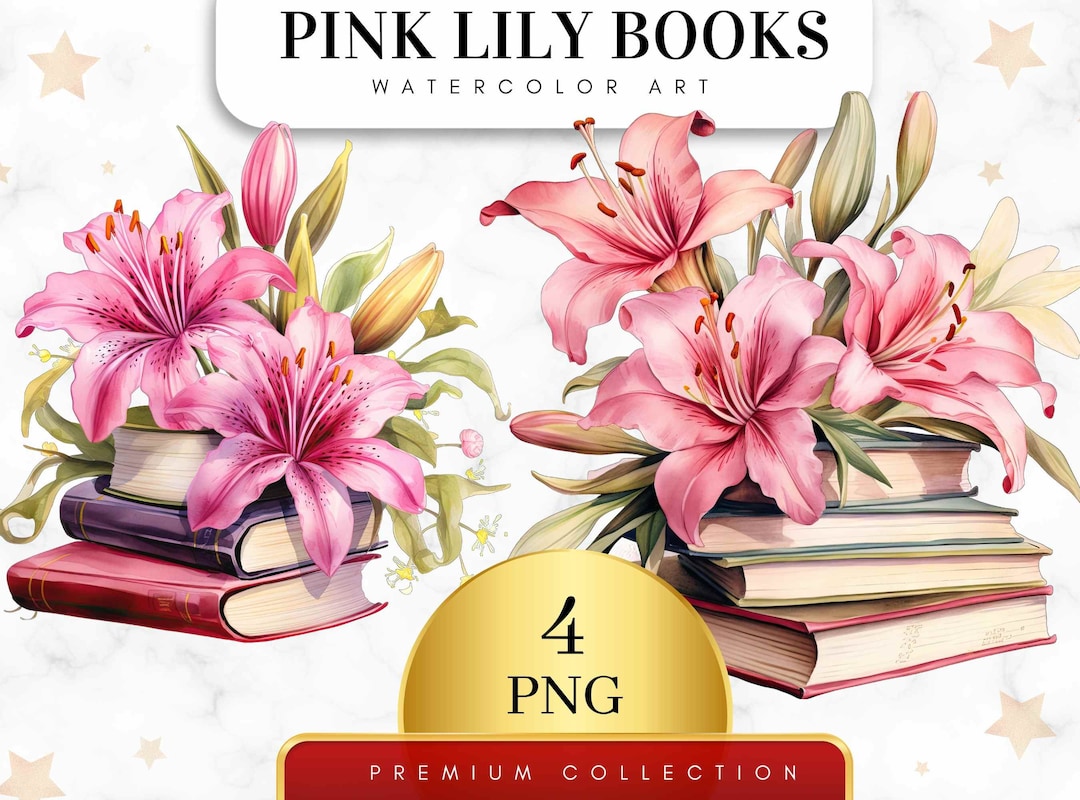 Set of 4, Pink Lily Books Clipart, Lily Flower Clipart, Book Clipart ...
