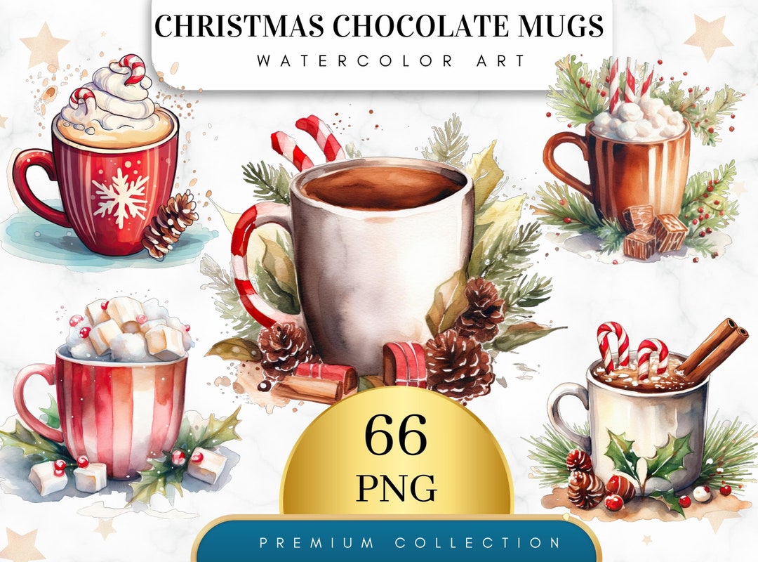 Set of 66, Christmas Chocolate Mugs Clipart, Hot Cocoa Clipart, Holiday ...