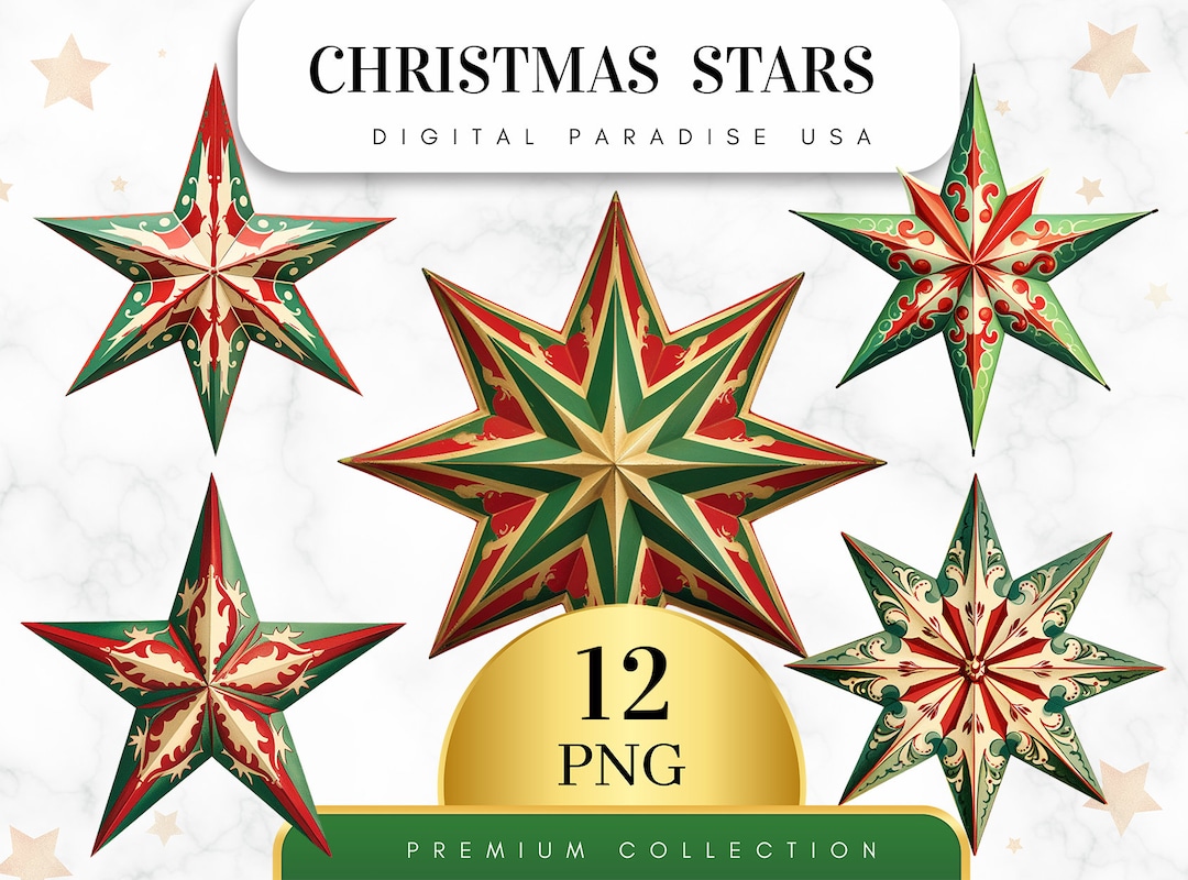 Set of 12, Christmas Stars Clipart, Christmas Stars PNG, Holiday ...