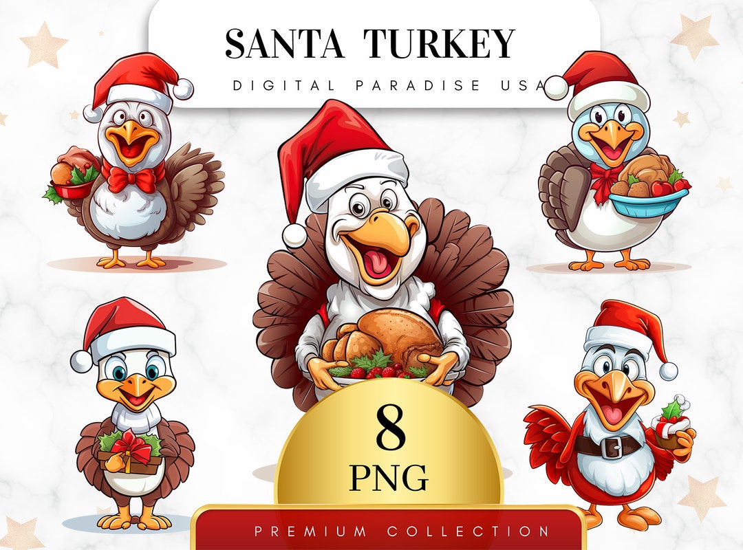 Set of 8, Watercolor Santa Turkey Clipart, Turkey Clipart, Bird Clipart ...