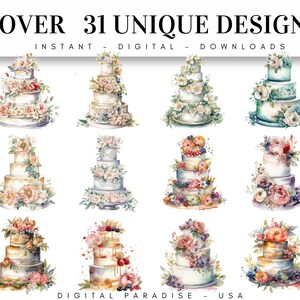 Set of 31, Watercolor Wedding Cake Clipart, Watercolor Cake, Dessert ...