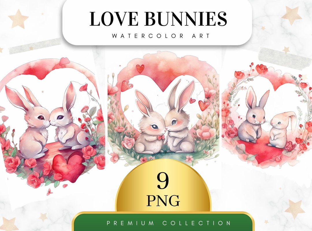 Set of 9, Watercolor Bunnies in Love, Bunny PNG, Bunny in Love Png ...