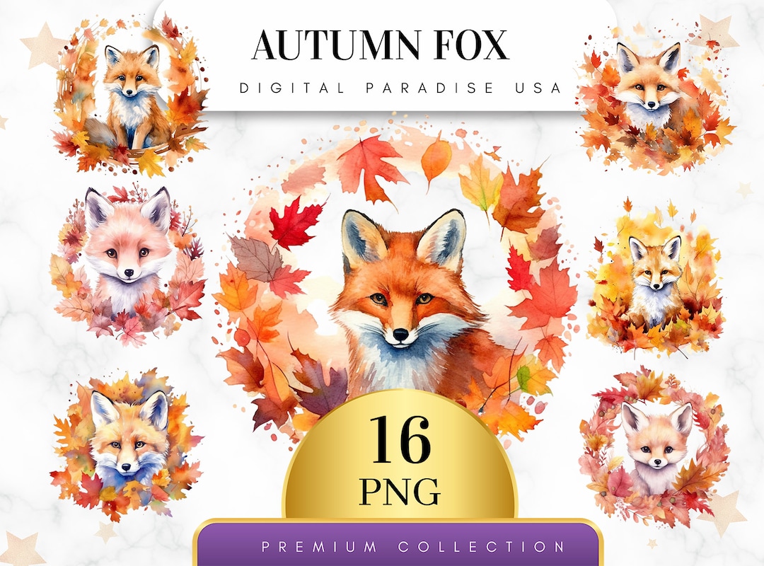 Set of 16, Autumn Fox Clipart, Fox PNG, Fall Fox Art, Watercolor Fox ...