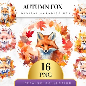 Set of 16, Autumn Fox Clipart, Fox PNG, Fall Fox Art, Watercolor Fox ...