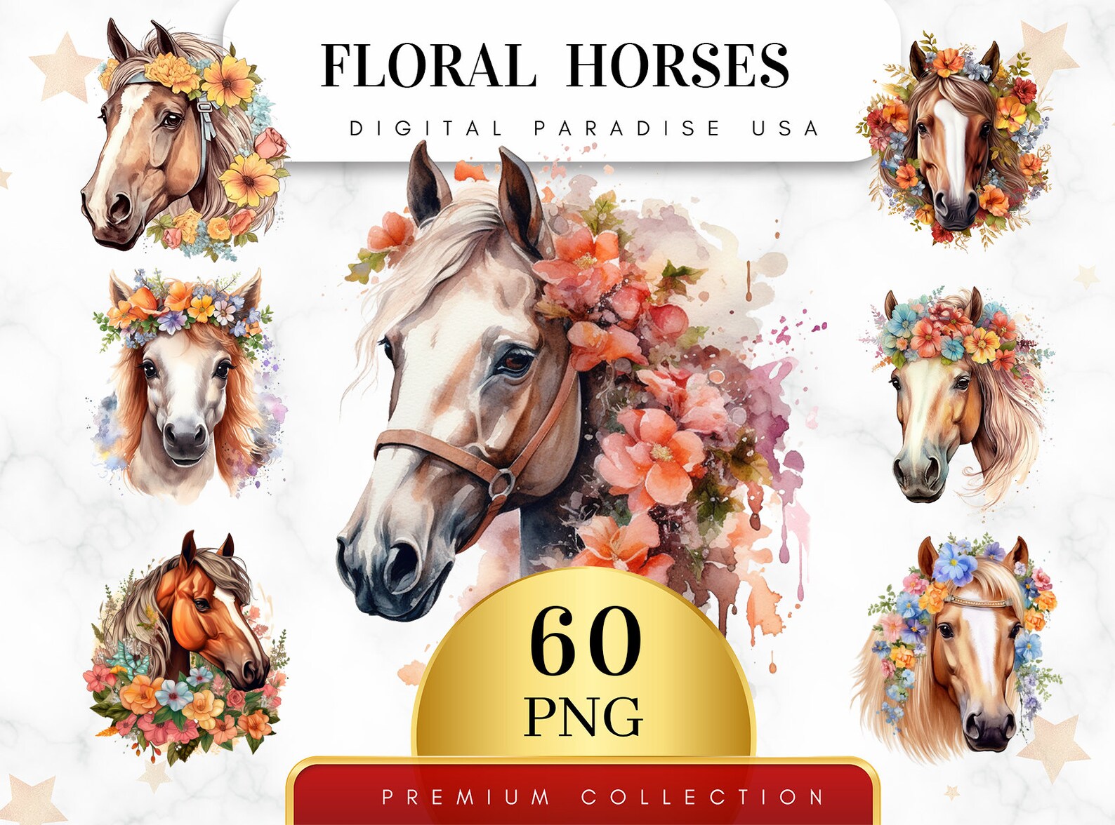 Set of 60, Floral Horses Clipart, Horse PNG, Boho Horse Art, Watercolor ...