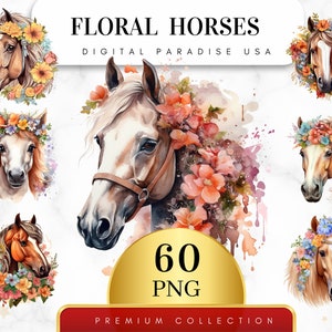 Set of 60, Floral Horses Clipart, Horse PNG, Boho Horse Art, Watercolor ...