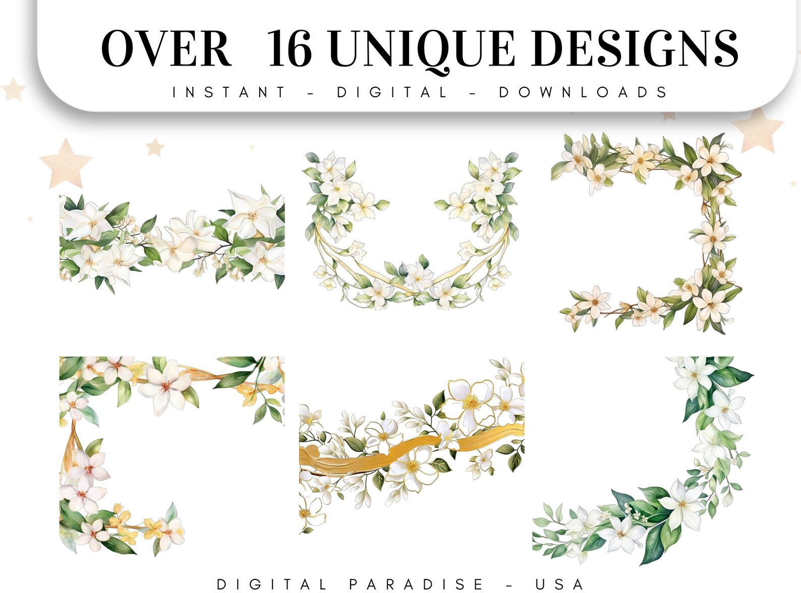 Set of 16, Jasmine Frames Clipart, Floral Frame Clipart, Watercolor ...