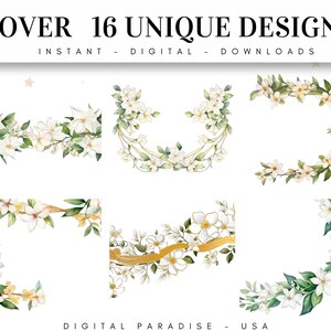 Set of 16, Jasmine Frames Clipart, Floral Frame Clipart, Watercolor ...