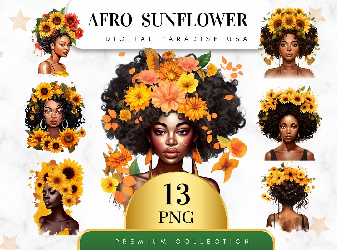 Set of 13, Afro Sunflower Clipart, Afro Woman Png, Black Girl Clipart ...