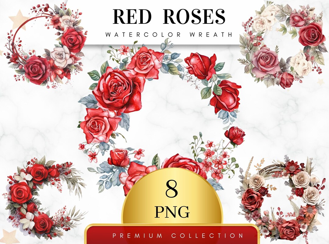 Set of 8, Watercolor Red Roses Wreath , Floral Frame Clipart ...