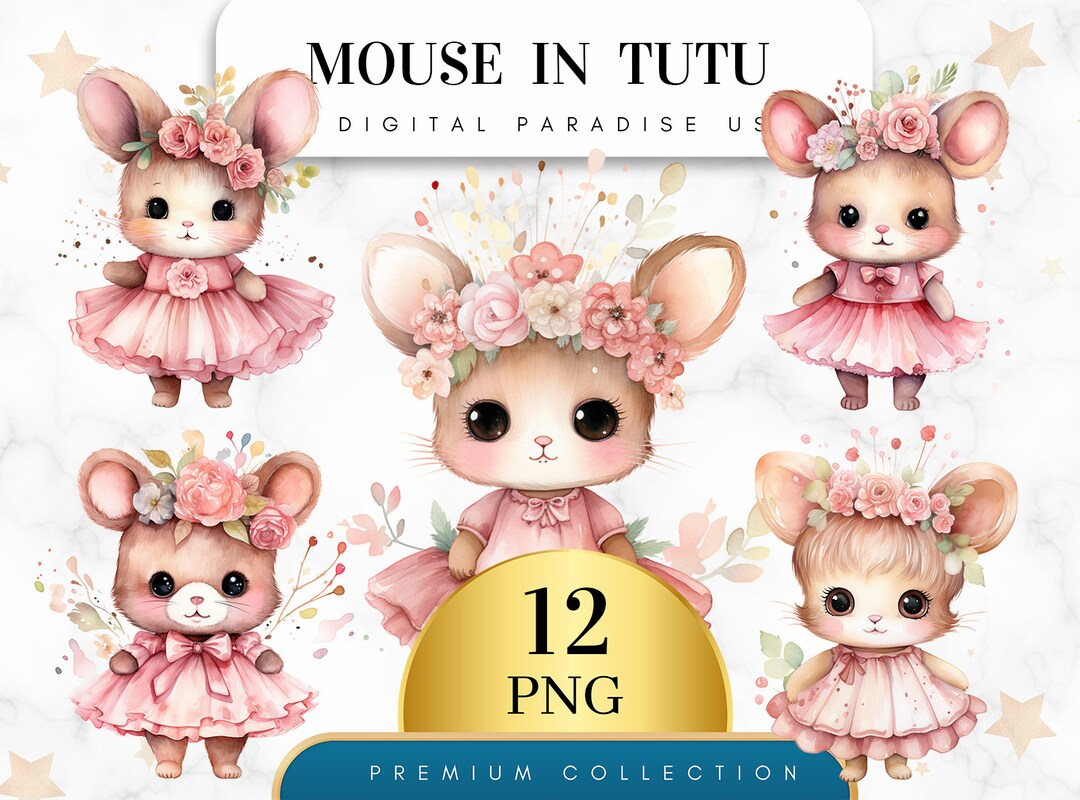 Set of 12, Watercolor Mouse in Tutu, Mouse Clipart, Mouse PNG, Tutu ...