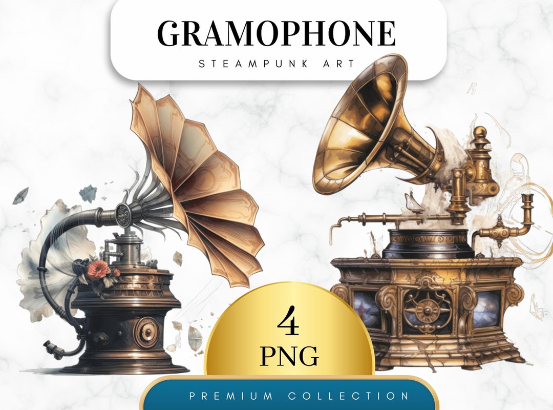 Set of 4, Steampunk Gramophone Art, Watercolor Steampunk Png, Steampunk ...