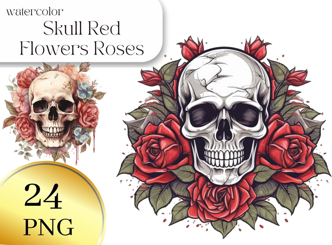 Set of 24 Watercolor Red Roses Skulls PNG Floral Skull Clip - Etsy