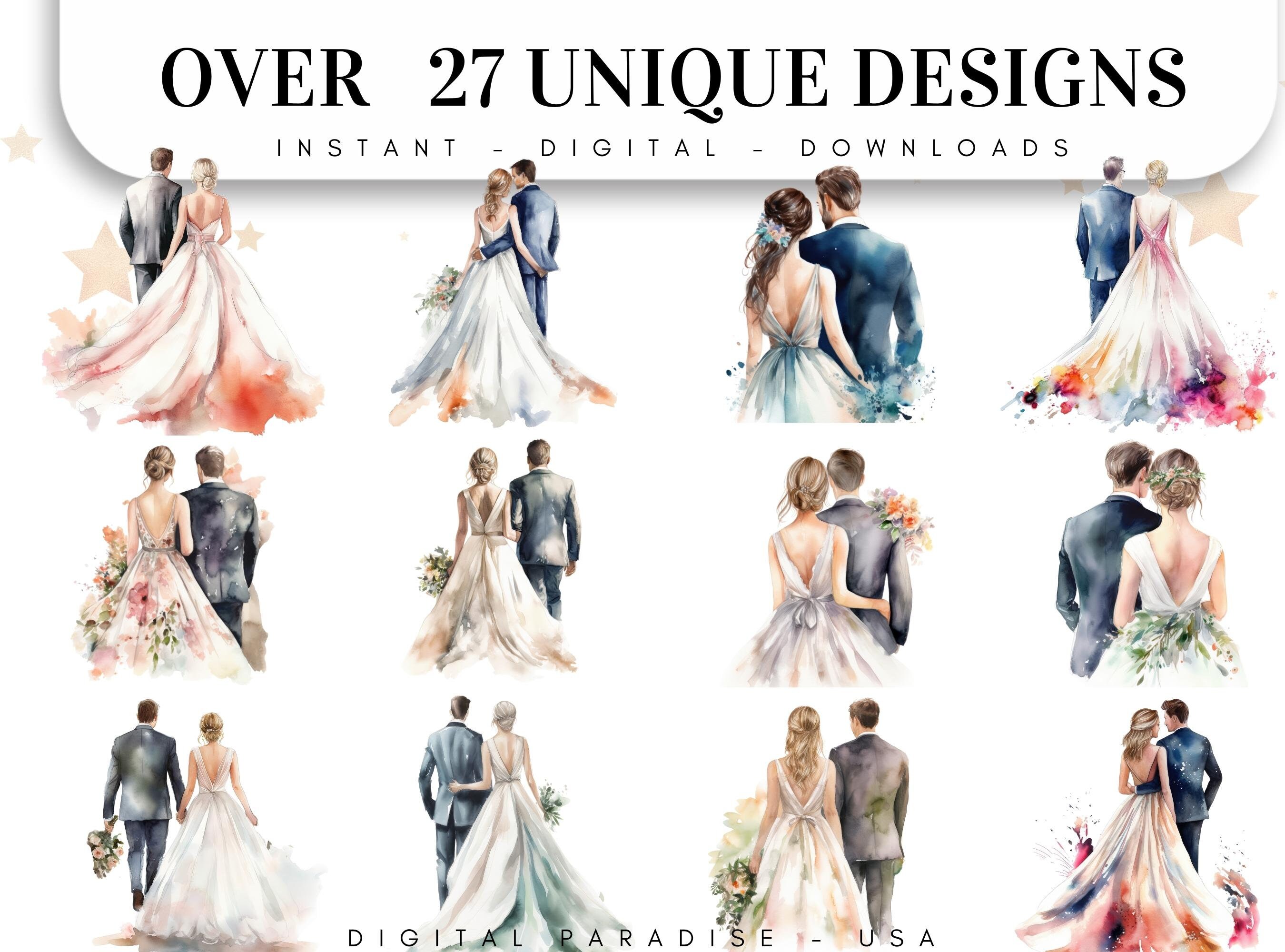 Set of 27, Bride and Groom Back Clipart, Wedding Day Clipart PNG ...