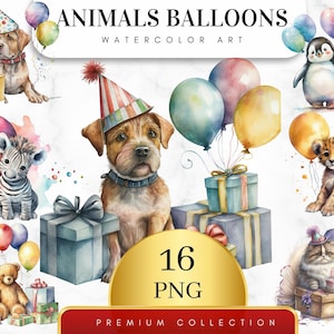 Set of 16, Watercolor Animals With Balloons, Birthday Clipart, Animal ...