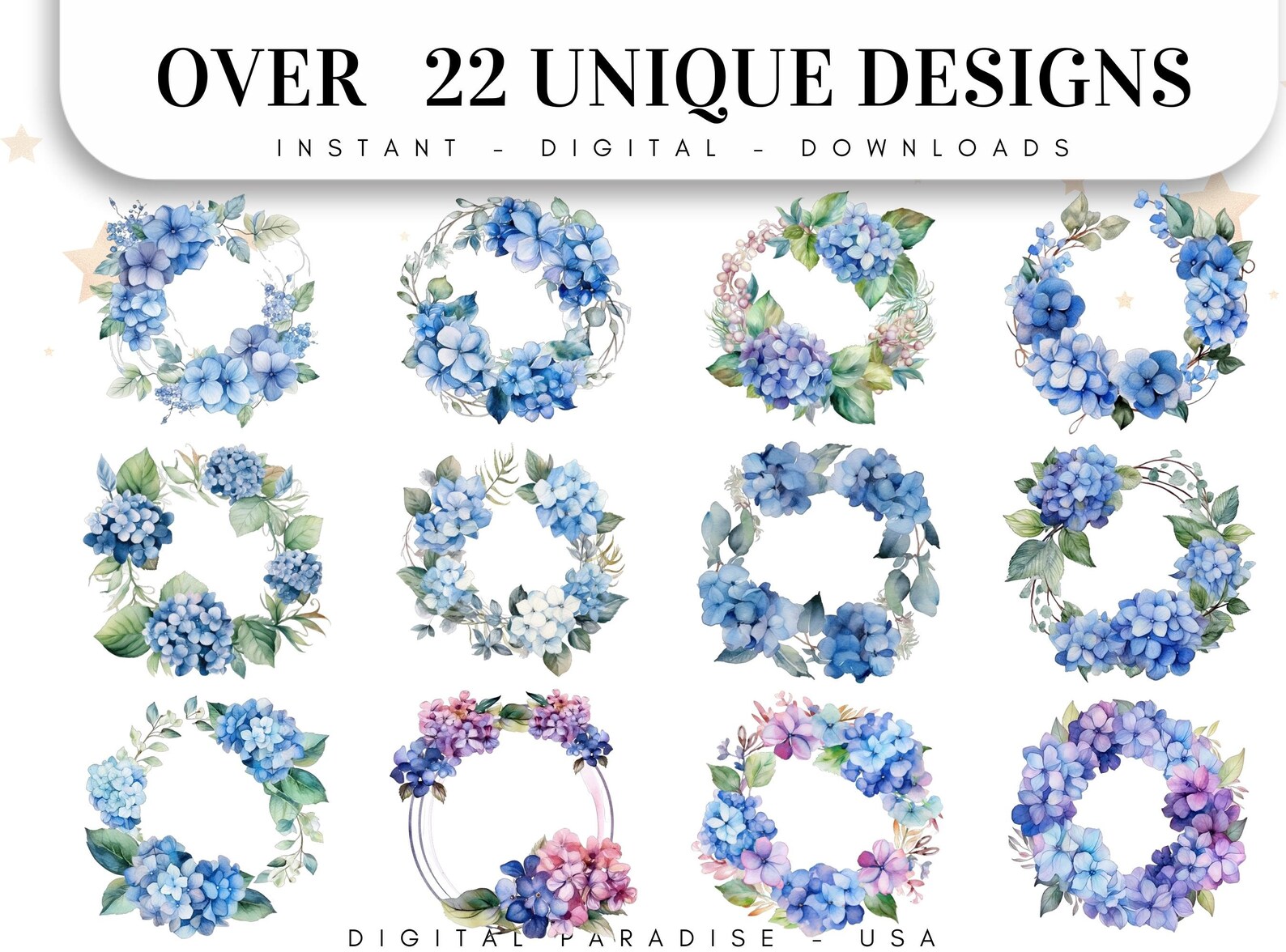 Set of 22, Watercolor Hydrangeas Wreaths, Floral Clipart, Watercolor ...