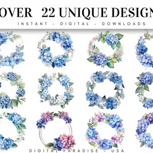 Set of 22, Watercolor Hydrangeas Wreaths, Floral Clipart, Watercolor ...