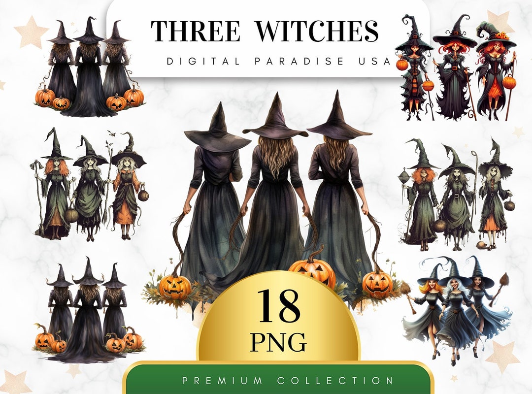 Set of 18, Watercolor Three Witches Clipart, Witch PNG, Halloween ...