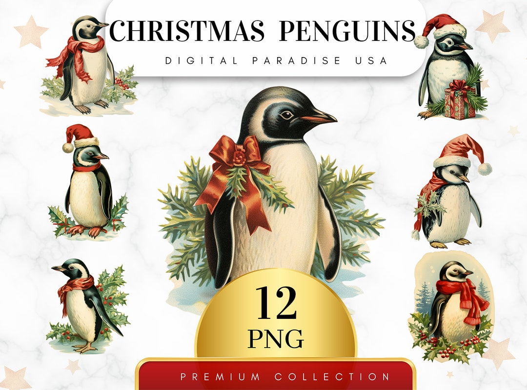 Set of 12, Christmas Penguins Clipart, Winter Penguins, Holiday Clipart ...