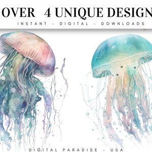 Set of 4, Watercolor Jellyfish Clipart, Cute Nautical Ocean Animals PNG ...