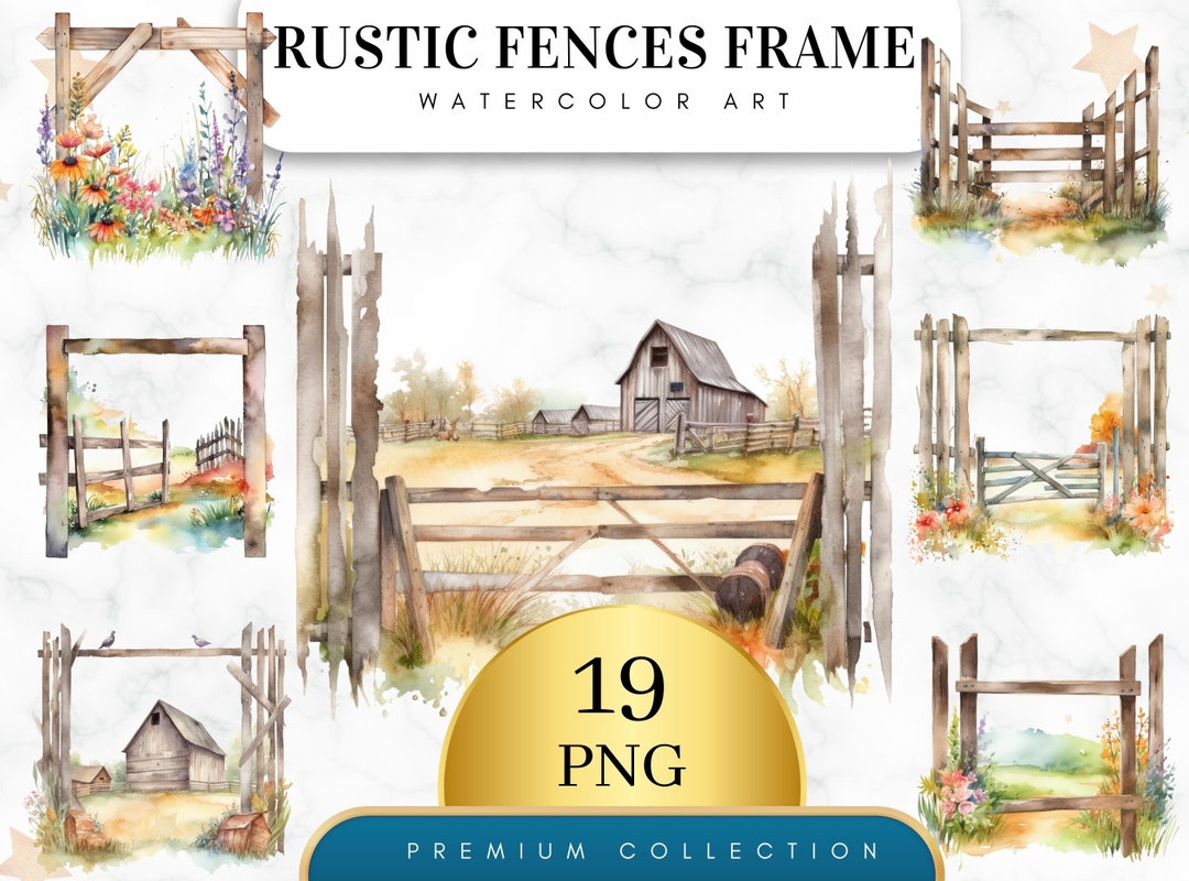 Set of 19, Rustic Fences Frame Clipart, Fence PNG, Farmhouse Clipart ...