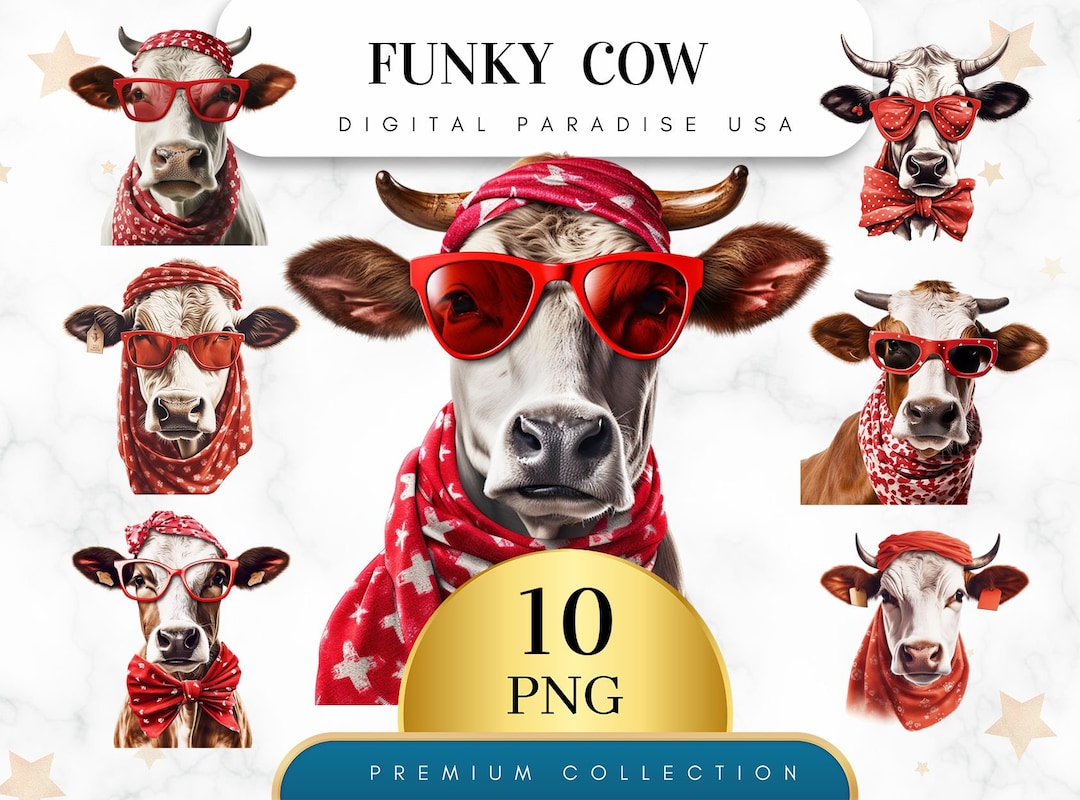 Set of 10, Funky Cow Clipart, Cow PNG, Farm Animal Clipart, Junk ...