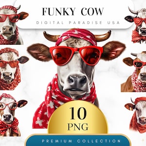 Set of 10, Funky Cow Clipart, Cow PNG, Farm Animal Clipart, Junk ...