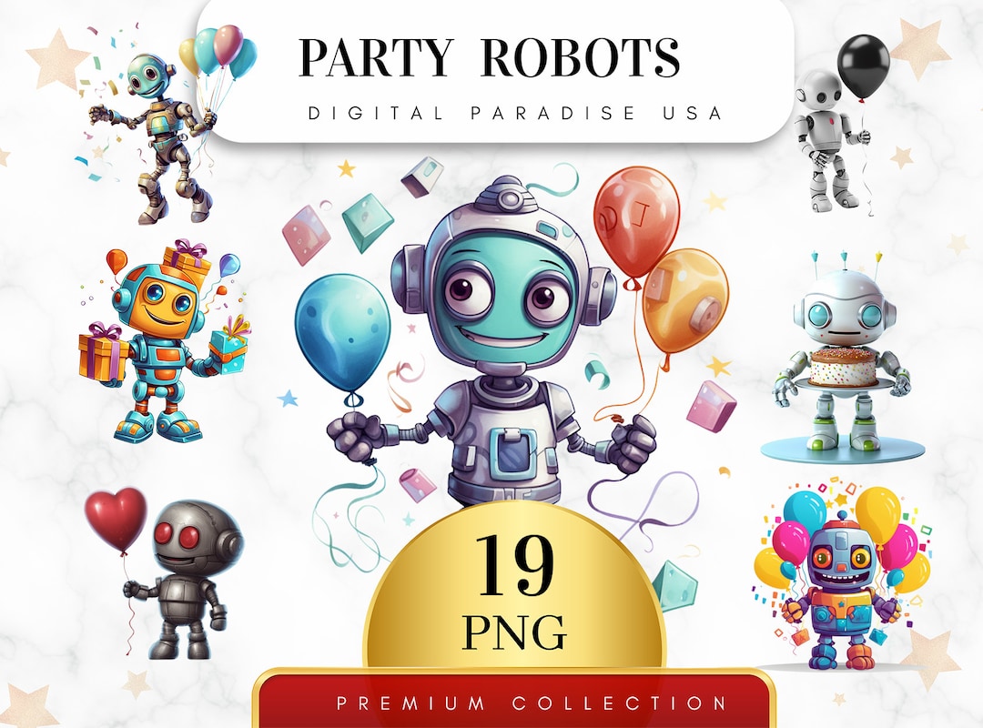 Set of 19, Party Robots Clipart, Robot PNG, Birthday Clipart, Robot ...