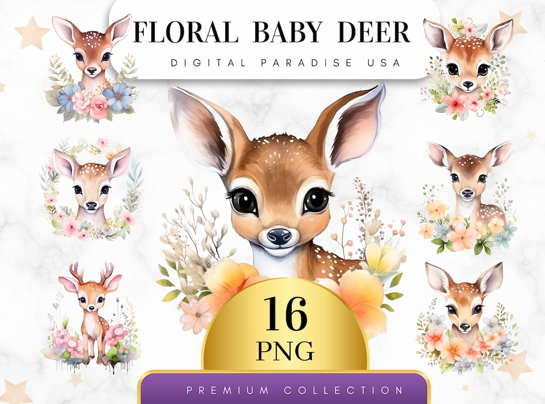 Set of 16, Watercolor Floral Baby Deer Clipart, Deer Clipart, Baby Deer ...