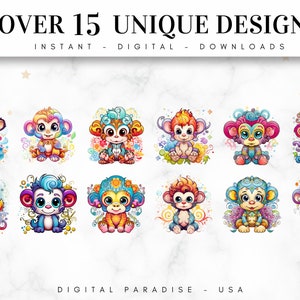 Set of 15, Colorful Monkey Clipart, Monkey PNG, Jungle Animal Clipart ...