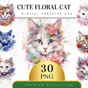 Set of 30, Cute Floral Cat Clipart, Floral Cat PNG, Flower Cat Clipart ...