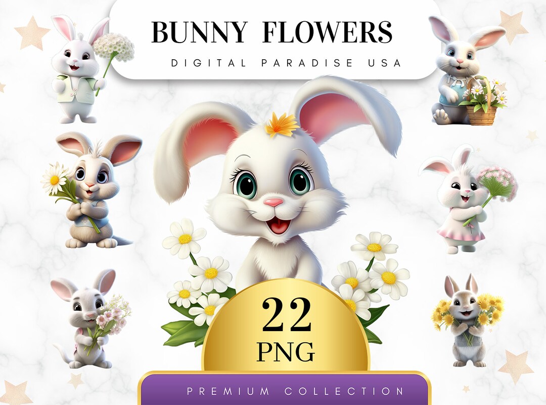 Set of 22, Watercolor Bunny Flowers Clipart, Bunny Clipart, Floral ...