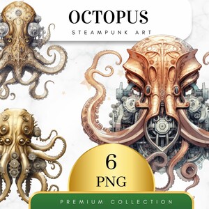 Set of 6, Steampunk Octopus Clipart, Watercolor Steampunk Png ...