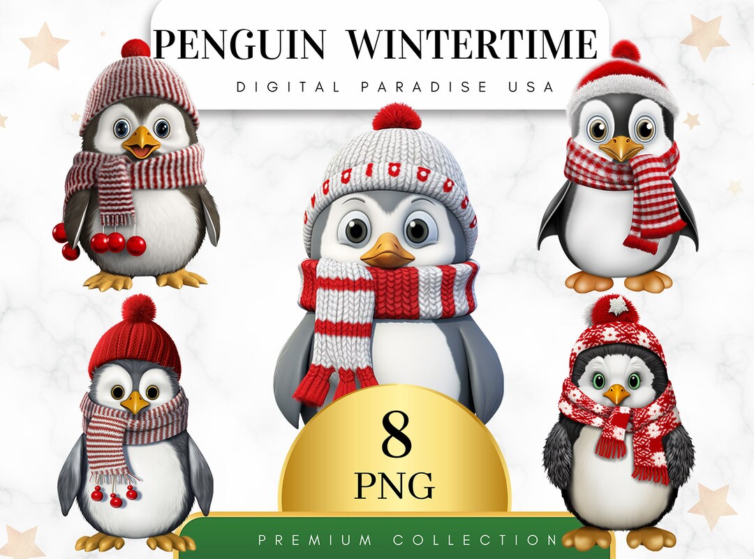 Set of 8, Penguin Wintertime Clipart, Penguin PNG, Christmas Penguin ...