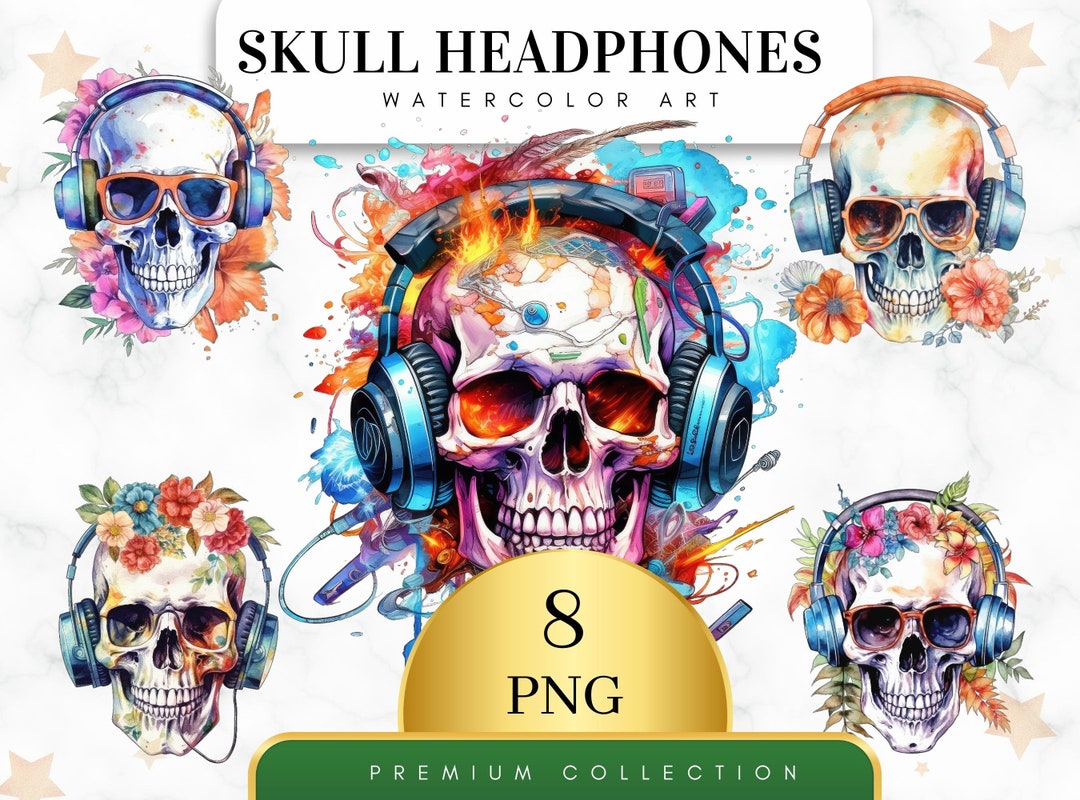 Set of 8, Watercolor Skull With Headphones, Human Skull Clip Art PNG ...