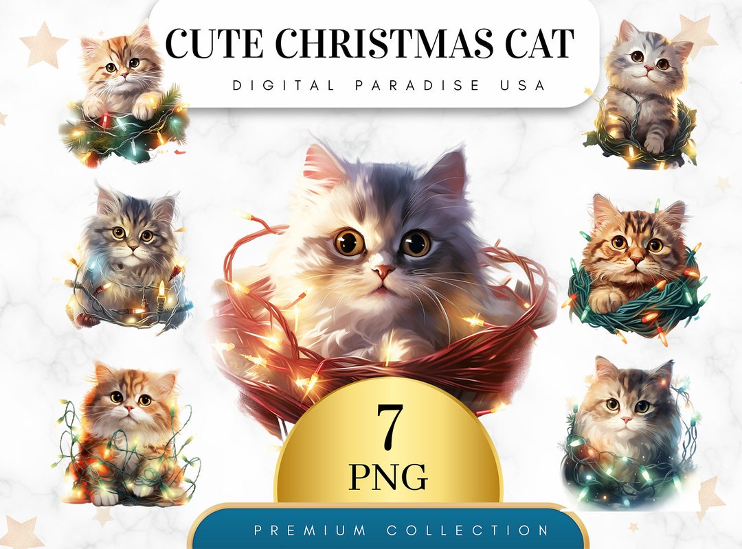 Set of 7, Cute Christmas Cat Clipart, Cat PNG, Holiday Cat, Christmas ...