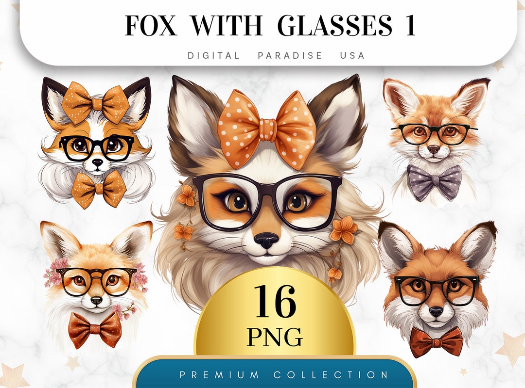 Set of 16, Fox With Glasses Clipart 1, Cute Fox PNG, Animal Clipart ...