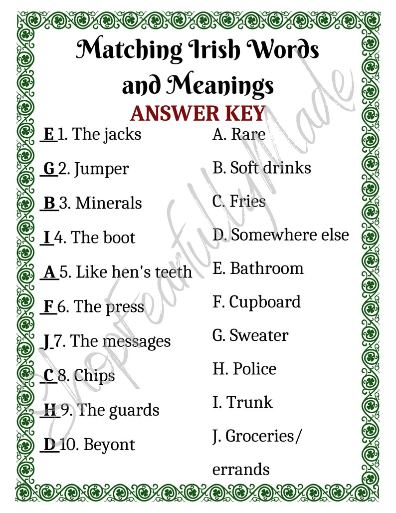 Irish Words and Phrases Matching Game - Etsy