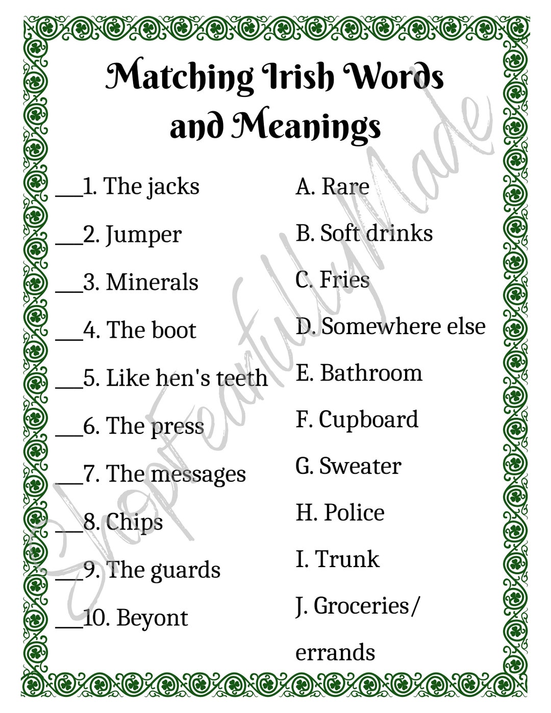 Irish Words and Phrases Matching Game - Etsy