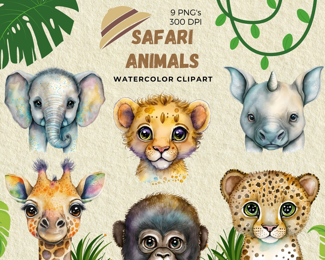 Watercolor Safari Animals Clipart Bundle: Lion Elephant Hippo Cheetah ...