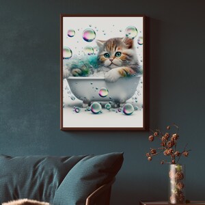 Funny Cat Taking a Bath. Baby Bubble Bath, Cat Art Print for a Playful ...
